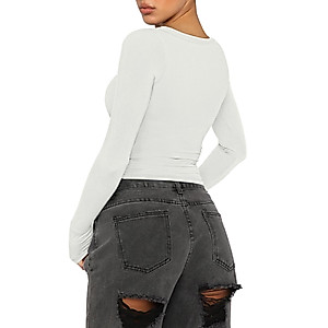 REORIA Women Fall Sexy Long Sleeve Henley T Shirts V Neck Button up Casual Basic Vintage Y2K Slim Fitted Ribbed Knit Tees Crop Tops White Small