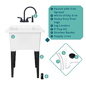 White Utility Sink by JS Jackson Supplies, Tehila Luxe Laundry Tub, Matte Black Gooseneck Faucet, Side Sprayer