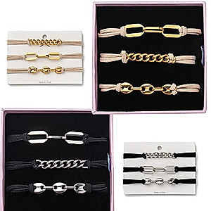 Bracelet Hair Ties With Gold Silvery and Beige Elastic,2 in 1 No Crease Hair Ponytails & Elastic,Looks Cute On Your Wrist And Great In Your Hair (3PCS, Black Silver new)