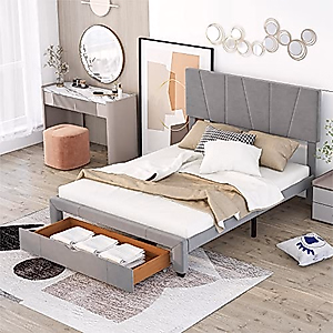 P PURLOVE Queen Size Upholstery Platform Bed with One Drawer Under Bed,Storage Upholstery Platform Bed Frame with Adjustable Headboard and Slat, No Box Spring Need