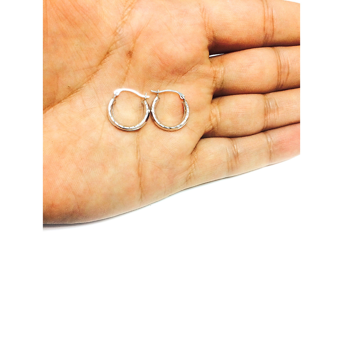 10k White Gold Shiny Diamond Cut Round Hoop Earrings, Diameter 15mm