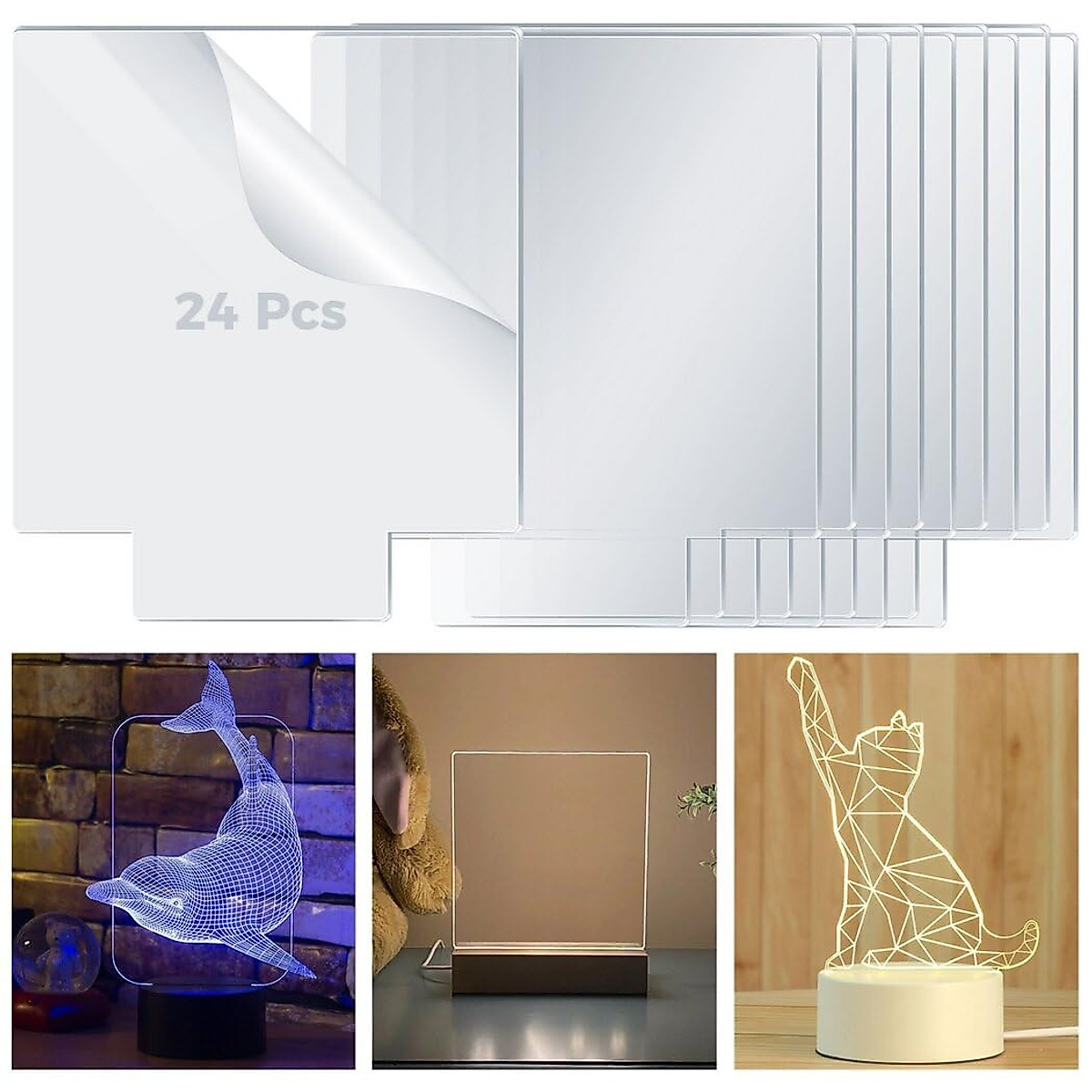 24 Pcs 2mm Acrylic Sheets Clear Cast for LED Light Base, (5.9"x 5.1") Thick Plastic Square Boards with Protective Layers for Signs DIY Display Projects, Engraving Carving Craft Transparent Panels