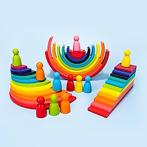 XJYQJD Wooden Rianbow Stacker Playset, 4-in-1 Rainbow Stacking Toys Building Blocks for Kids Ages 3 4 5 Preschool Montessori Toys Christmas Birthday Gifts for Toddlers Boys Girls 3-5 (45 Pieces)