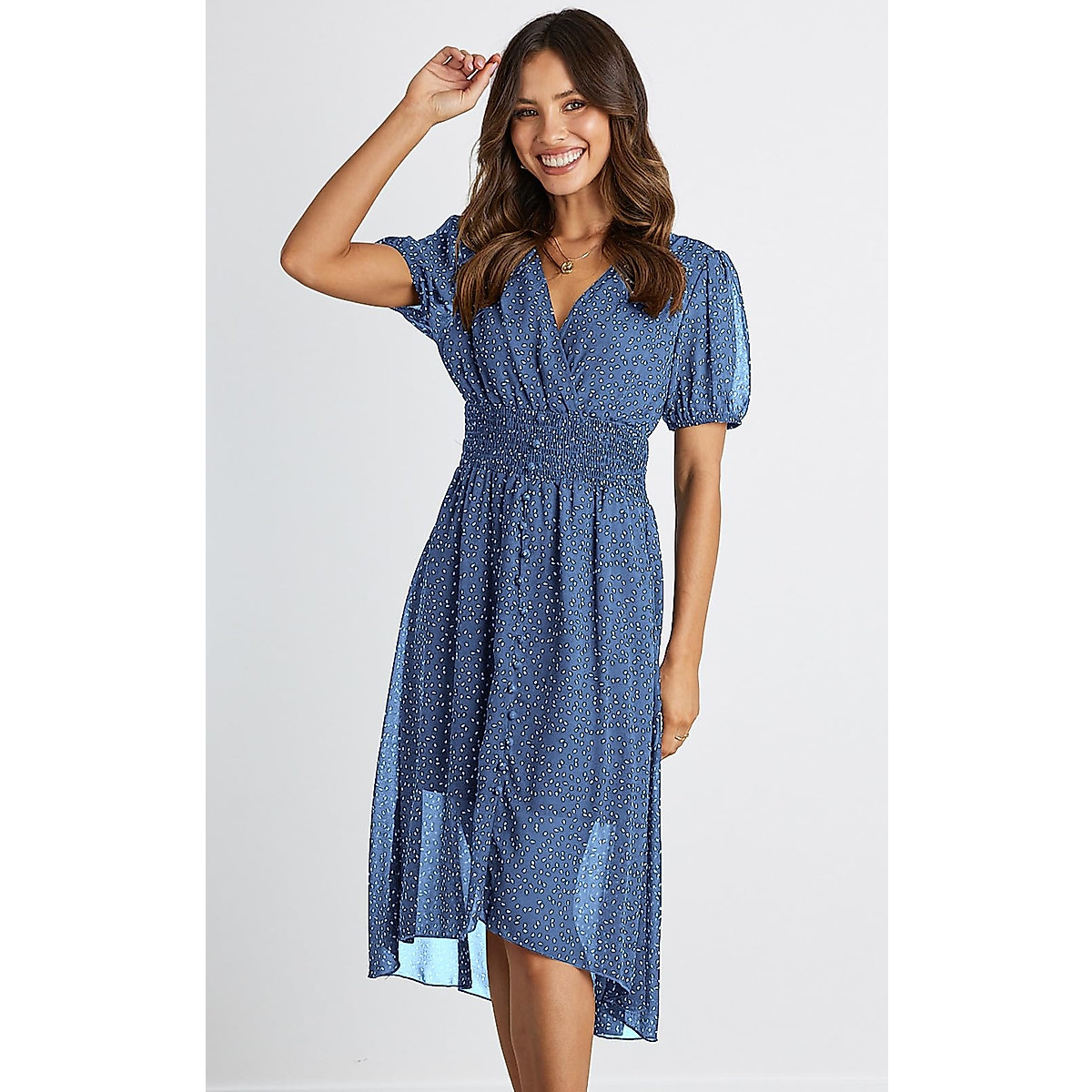 PRETTYGARDEN Summer Floral Midi Dress Puff Sleeve Casual Swing Sun Dress Floral Boho Hawaiian Flowy Long Dress Chiffon Polka Dot Womens Casual Dress Summer(Dark Blue, Large)