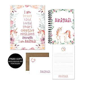 Personalized Kids Unicorn Stationery Set - Custom Journal - Notecards & Writing Paper - Inspirational Wall Art Print - Bujo - Watercolor Flowers For Girls - Gift