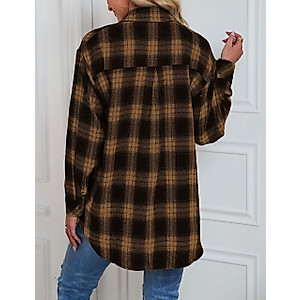 Bozanly Button Down Mid Long Plaid Flannel Shirts for Women Lapel Long Sleeve Loose Check Jacket Shacket(0635-Brown-M)