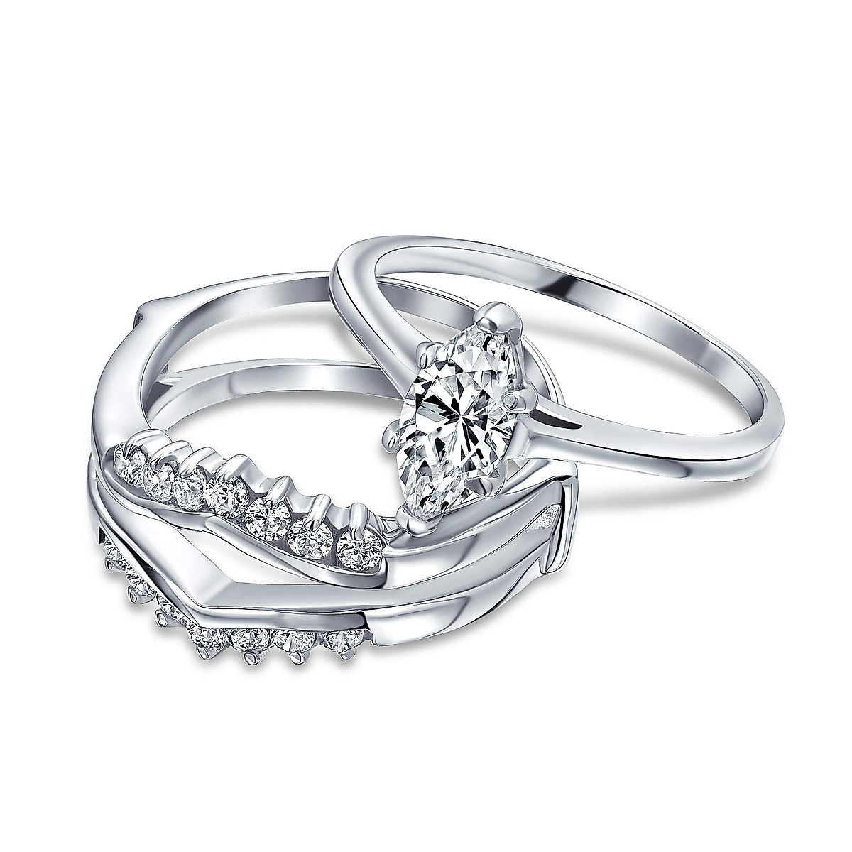 2.5CT Solitaire Marquise AAA CZ Band Inset Guard Enhancers Engagement Wedding Ring Set For Women .925 Sterling Silver