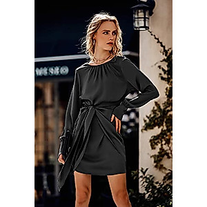 PRETTYGARDEN Women's 2023 Fall Satin Dress Long Sleeve Tie Waist Elegant Cocktail Party Mini Dresses (Black,Small)