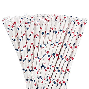 AnyDesign 200Pcs Independence Day Paper Straws American Flag Red Blue Star Pattern for Memorial Day 4th of July Super Bowl Patriotic Party Americana Themed Party Celebration