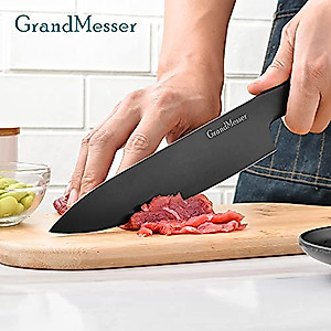 GrandMesser Cooking Chef Knife, 8 Inches Carbon Stainless Steel Kitchen Knife with Sharpener and Ergonomic Handle, Chopping Knife for Professional Use (Titanium Black)