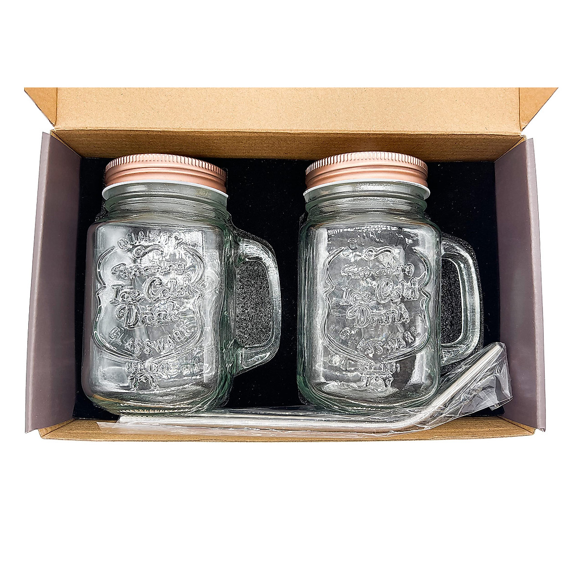 Home Suave - Gift Box with Set of 2 Mason Jar Mugs with Handle, Regular Mouth Colorful Lids with 2 Reusable Stainless Steel Straw, Set of 2 (Rose Gold), Kitchen GLASS 16 oz tumblers, Dishwasher Safe