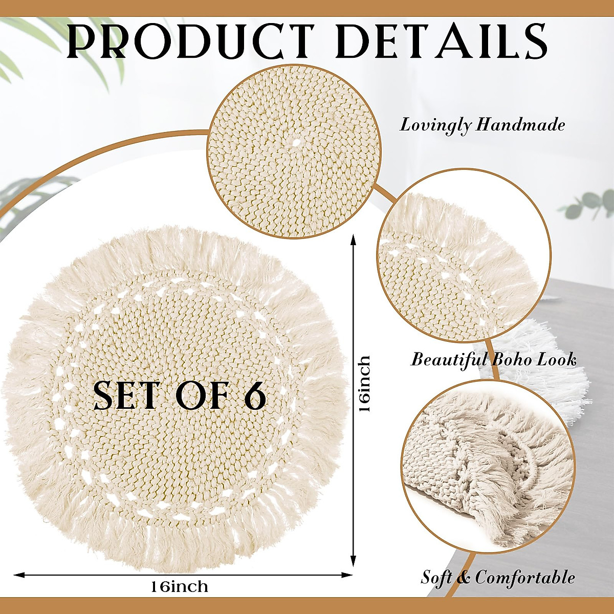 6 Pcs Boho Macrame Placemats Set Handmade Cotton Woven Boho Placemats Cute Desk Decor Round Farmhouse Fringe Placemats for Dining Table Office Car Home Wedding Party, 16 Inch