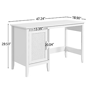 LTMEUTY White Computer Desk with Storage, 47 Inch Home Office Writing Desk for Small Space, Rattan Work Desk, Simple Modern Study Table for Bedroom