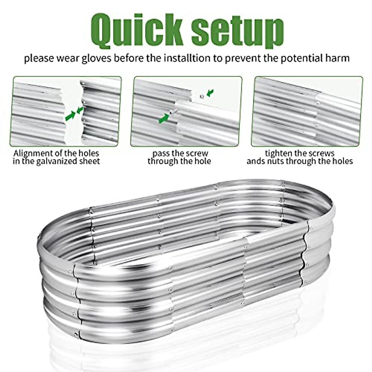 3 Pcs Galvanized Raised Garden Bed Kit 4 x 2 x 1 ft Large Planter Raised Bed Outdoor Planter Box Round Oval Metal Planter Box Arbitrary Assembly Raised Garden Bed for Vegetables Flowers Herbs Fruits