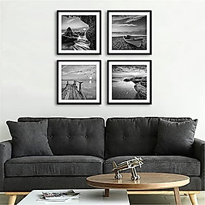 HZSYF Black And White Wall Art - 12x12 Inches Sea And Beach In Sunrise Prints Wooden Framed Pictures Seascape Artwork 4 Panels 12 x 12 Inch