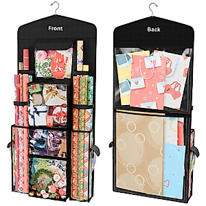 ProPik Hanging Double Sided Wrapping Paper Storage Organizer With Multiple Pockets Organize Your Gift Wrap, Gift Bags Bows Ribbons 40"X17" Fits 40 Inch Rolls Clear PVC Bag (Black)