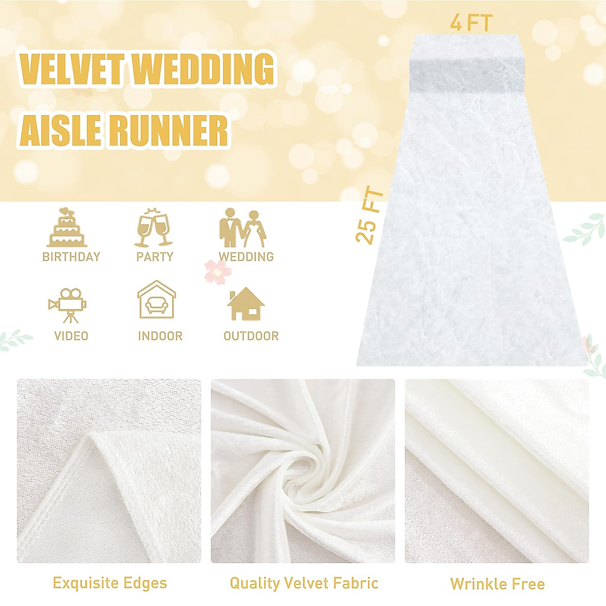FUHSY White Aisle Runner Outdoor Aisle Runners for Weddings for Indoor Wedding 4x25 FT Velvet Carpet Runner Rug Includes Carpet Tapes Floor Runner for Wedding Aisle Bridal Walkway Runner for Events