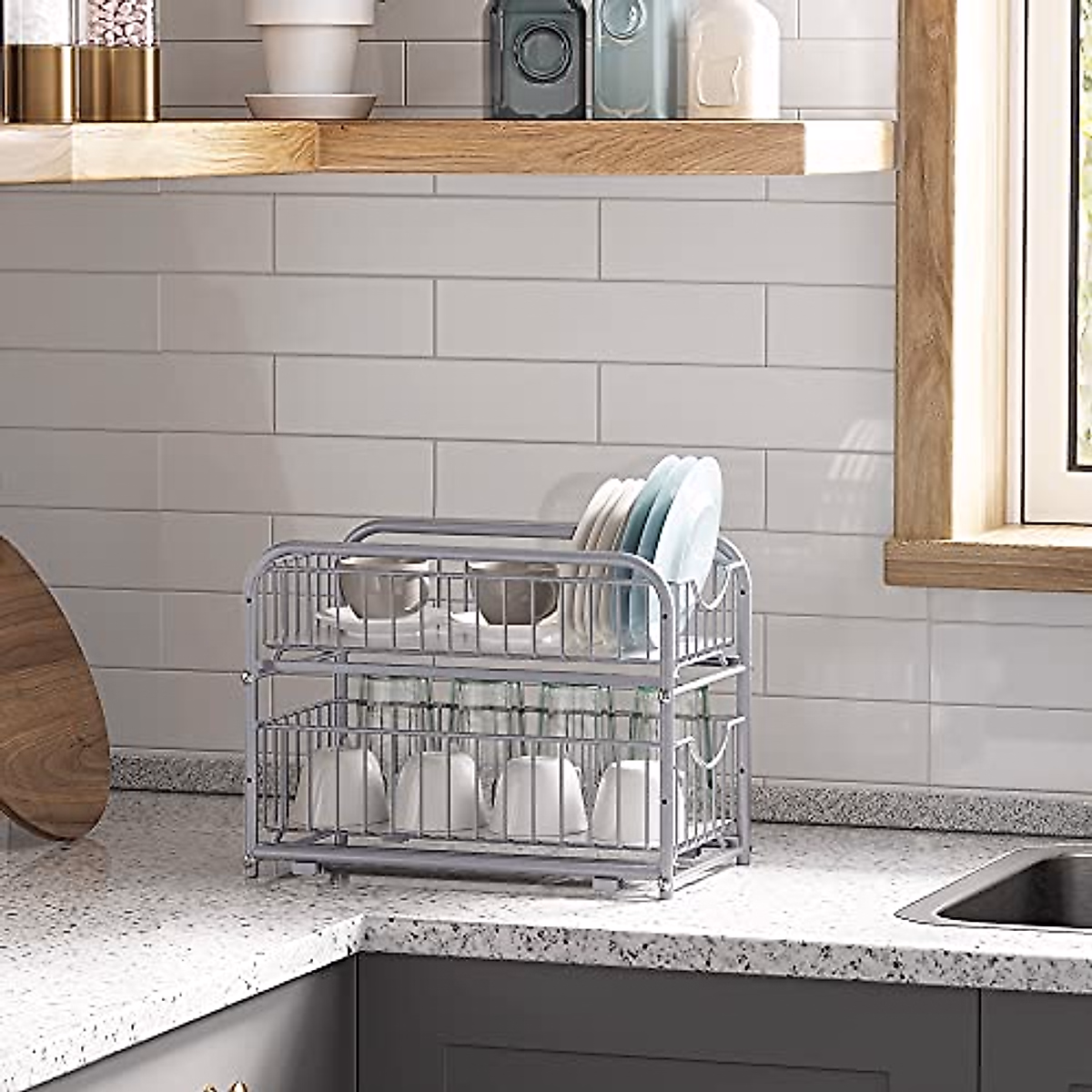 SONGMICS Pull Out Cabinet Organizer, 2-Tier Sliding Cabinet Organizer, Stackable Under Sink Cabinet Organizer with Storage Basket Drawers, for Kitchen, Bathroom, Silver UKCS017E01
