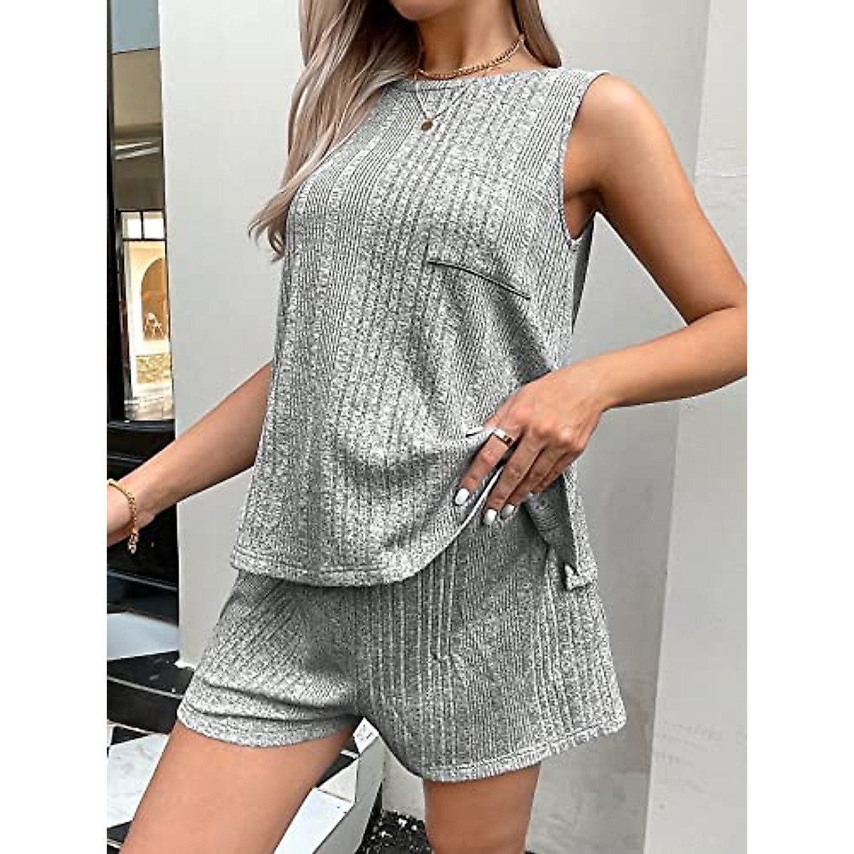 OYOANGLE Women's Maternity 2 Piece Pajamas Outfits Round Neck Tank Top and Adjustable Waist Shorts Loungewear Light Grey XL