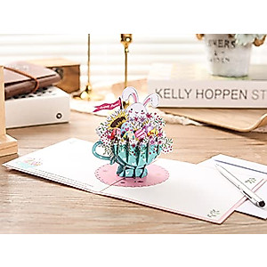 Liif Teacup Easter Bunny Gift 3D Greeting Pop Up Easter Card, Happy Easter Card For Kids, Grandson, Granddaughter, Children, Boy, Girl - Cute, Funny, Religious | With Envelop