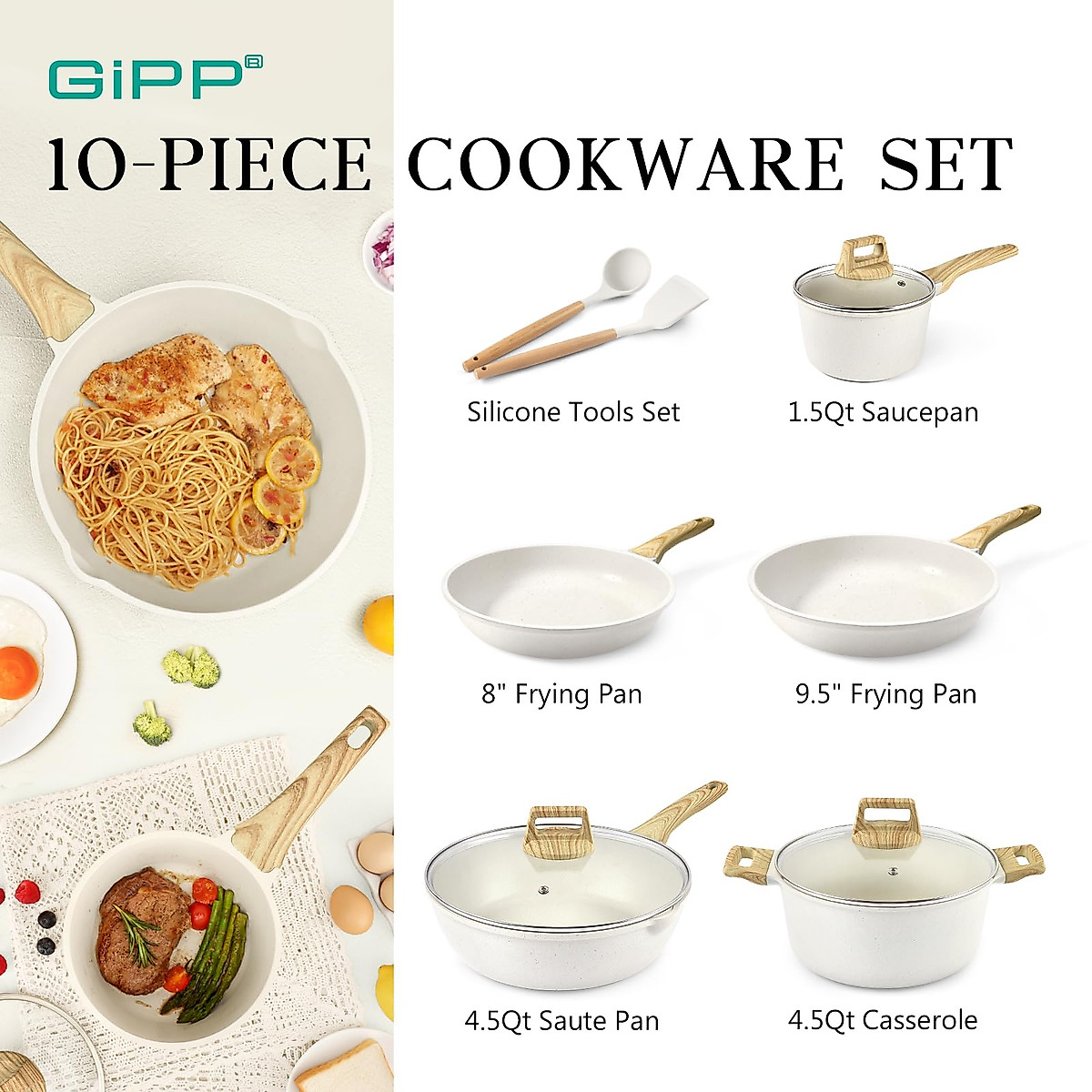 GiPP Pots and Pans Set Non Stick - 10 Pcs White Granite Kitchen Cookware Sets Nonstick Induction Cookware Cooking Pan Set with Frying Pans, Saucepans and Silicone Utensils, PFOS & PFOA Free