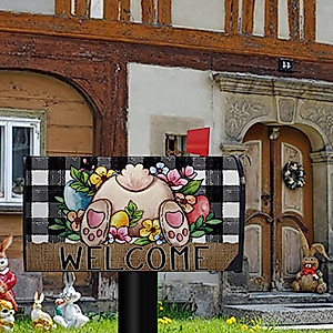 FBCOO Welcome Easter Bunny Rabbit Mailbox Cover Magnetic Standard Size 21" x 19", Eggs Buffalo Plaid Check Decorative Post Letter Box Wrap Decor Funny Farmhouse Garden Yard Outdoor Decoration