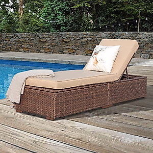 JOIVI Outdoor Chaise Lounge Chair, All-Weather PE Wicker Patio Chairs Pool Lounge Chairs for Outside, Brown Rattan Reclining Outdoor Chair with Adjustable Backrest & Removable Beige Cushion