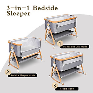 Komcot Baby Bassinet, Bedside Bassinet for Baby, 6 Height Adjustable Baby Bed, 3 in 1 Bassinet Bedside Sleeper with Wheels, Mosquito Net, Portable Bedside Crib for Infant/Baby/Newborn (Light Grey)