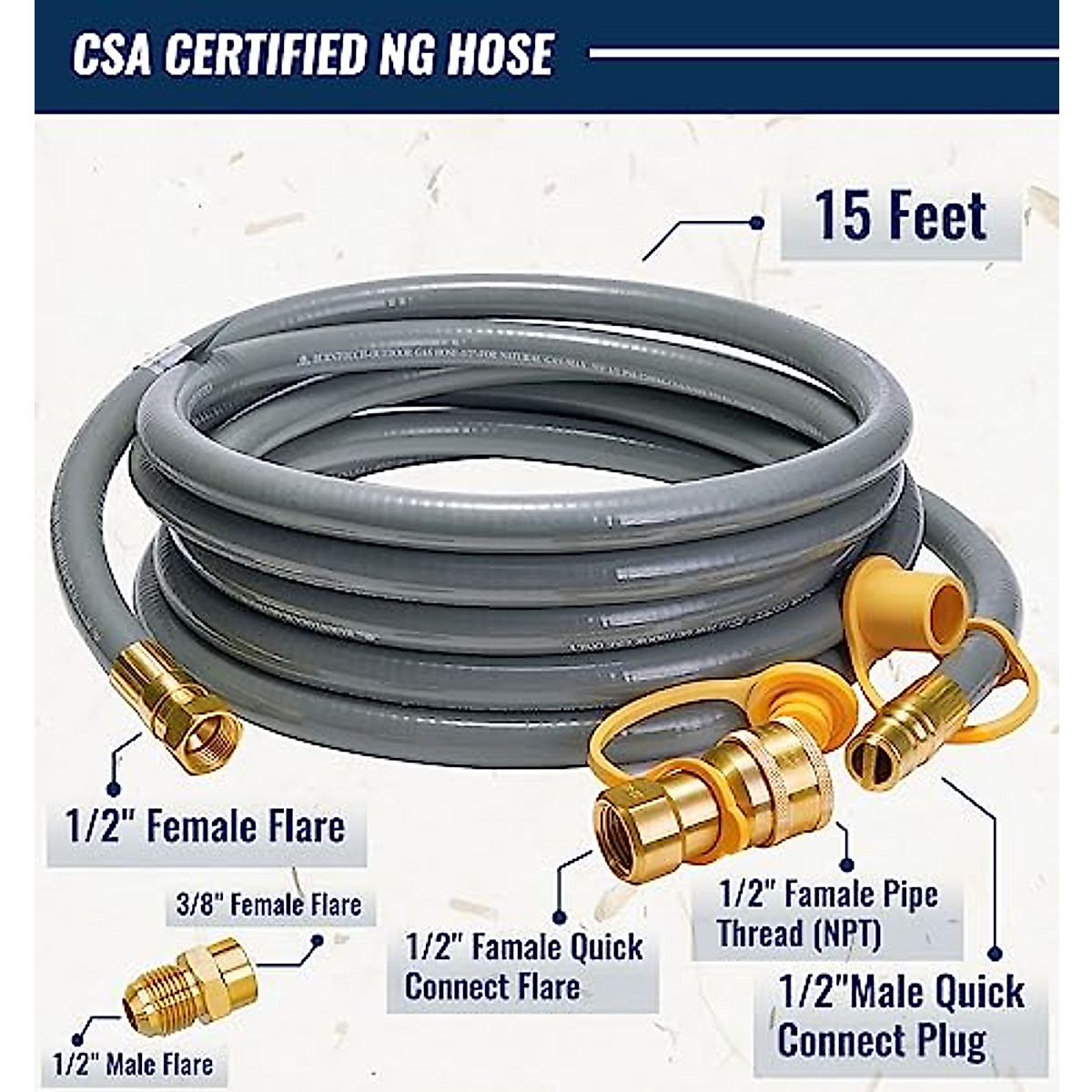 CALPOSE 15 Feet 1/2 inch ID Natural Gas Grill Hose with Quick Connect Fittings, Natural Gas Line for Grill, Pizza Oven, Heater and More Low Pressure Appliance