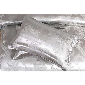 vctops Floral Jacquard Satin Duvet Cover Set King Size 3 Piece Luxury Silk Like Bedding Comforter Cover Set with Zipper Closure & Corner Ties (Silver Grey,King)