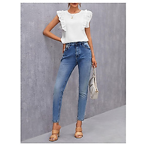 Milumia Women Elegant Ruffle Trim Butterfly Sleeve Blouse Round Neck Work Shirt Top White Large