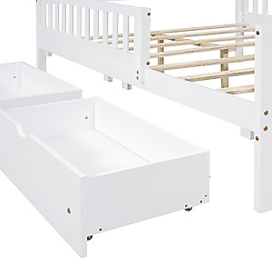 Full Bed Frame with Storage Drawers and Fence Rails, Wood Platform Beds with Headboard and Slat Support for Kids Boys Girls Teens, No Box Spring Needed, Full Size, White