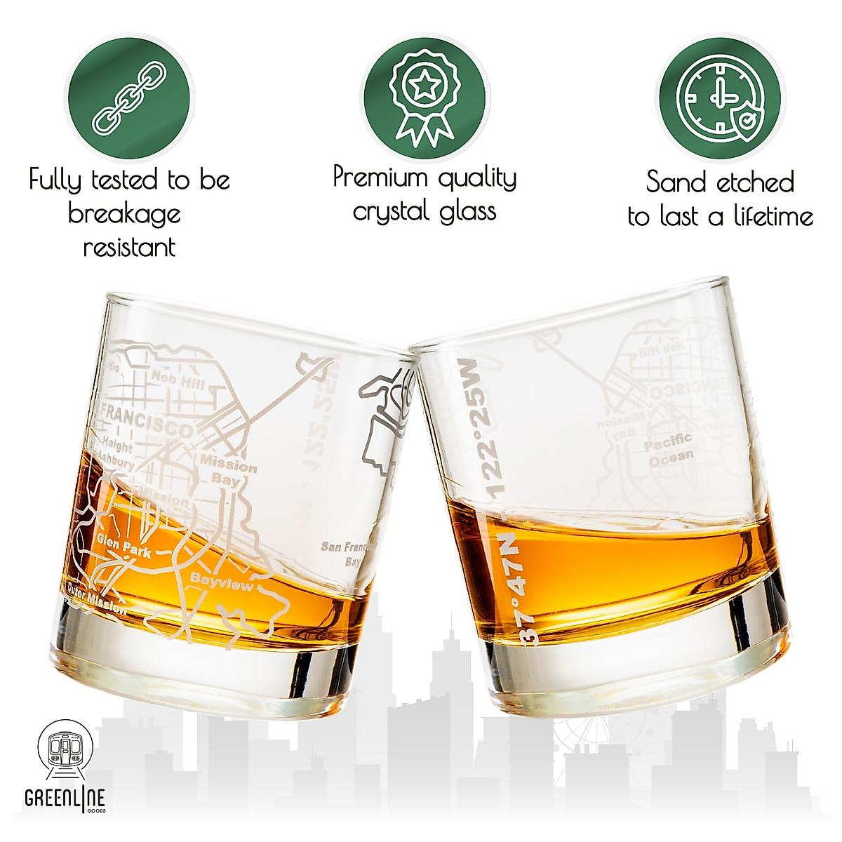 Greenline Goods Whiskey Glasses - 10 Oz Tumbler for San Francisco Lovers (Single Glass) - Etched with San Francisco Map - Old Fashioned Rocks Glass