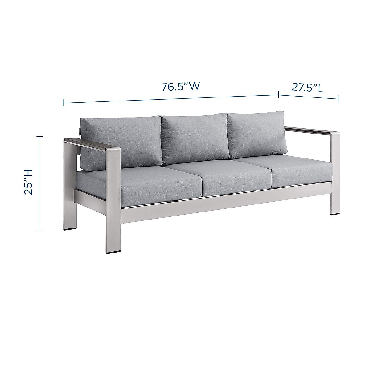 Modway Shore Aluminum Metal Outdoor Patio Sofa With Silver Gray All-Weather Cushions