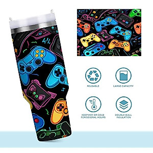 Jihqo Colorful Video Game Controllers 40 oz Stainless Steel Vacuum Insulated Tumbler with Handle and Straw Lid, Leakproof Water Bottle Double Wall Travel Mug Coffee Cup, Cupholder Friendly
