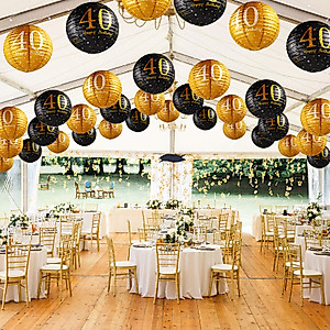 6 Pieces Birthday Party Decorations Hanging Paper Lanterns Black Gold Glittery Anniversary Party Birthday Sign Decorations for Men Women Teen Birthday Party Decorations Supplies (40th Style)