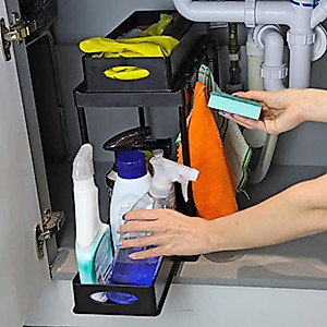 Under Sink Organizers and Storage Sliding - Multipurpose Double Sliding Cabinet Organizer for Bathroom or Kitchen Sink Organizer with 4 Hooks (Black)