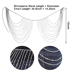 hoyuwak Rhinestone Waist Chain Belt Silver Gold Body Chain Crystal Belly Dance Chain Body Jewelry for Women Rave Festive (Style 2, Alloy(Silver), Rhinestone(Cystal White))