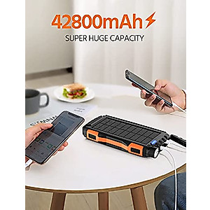 Solar Power Bank,Solar Charger,42800mAh Power Bank,Portable Charger,External Battery Pack 5V3.1A Qc 3.0 Fast Charging Built-in Super Bright Flashlight (Orange)