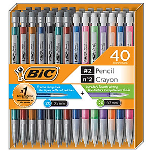 BIC Mechanical Pencil #2 EXTRA SMOOTH, Variety Bulk Pack Of 40 , 20 0.5mm With 20 0.7mm Led Pencils, Assorted Colored Barrels, for professional Office & School Use.