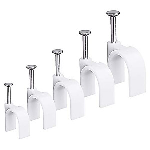Attmu 500 Pack Cable Clips White Cable Wire Clips ​Management with Steel Nails 4mm 6mm 8mm 10mm 12mm Ethernet Cable Nails Round Cable Wire Tacks for Cat6 Rg6, Rg59, Rj45 Cable, White