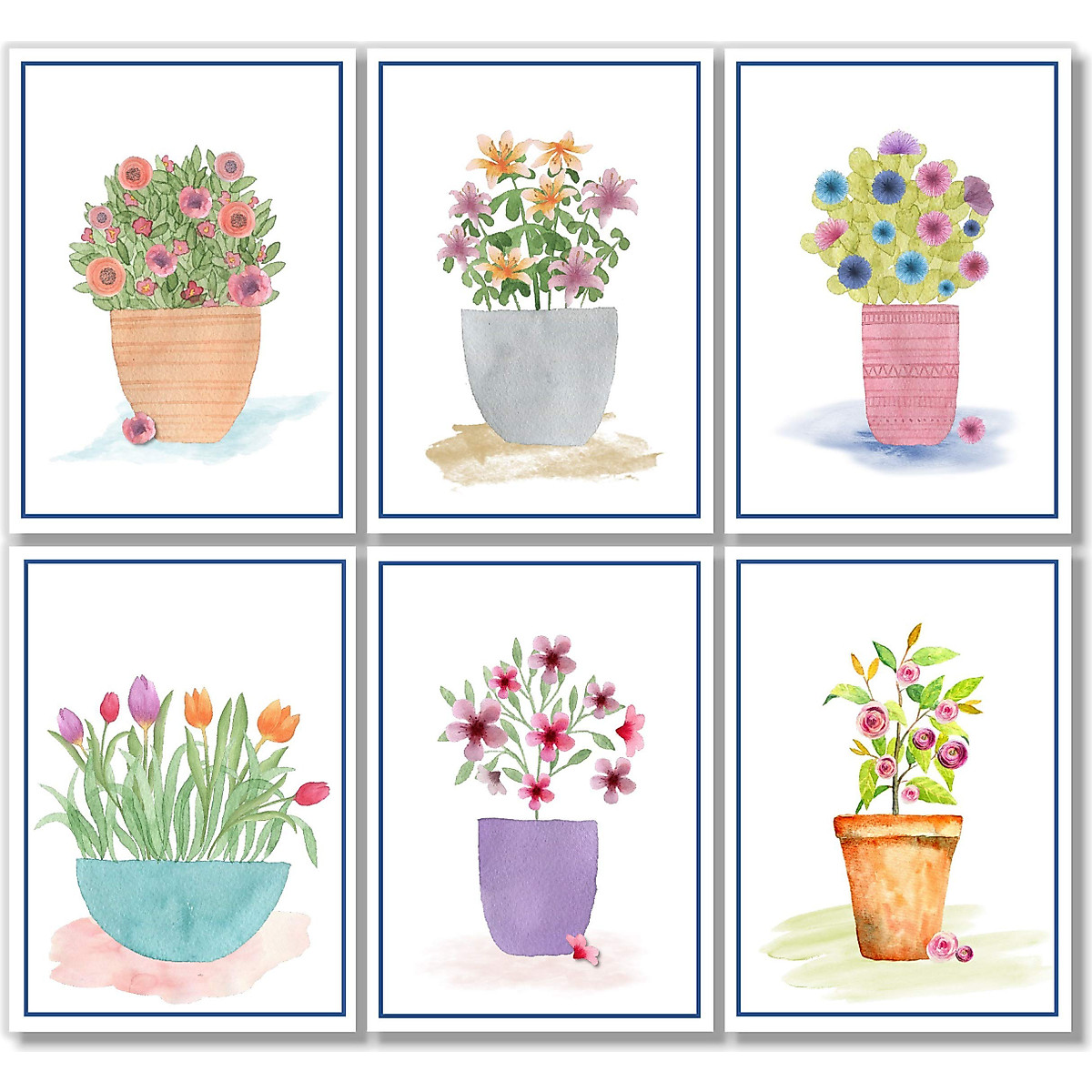 Floral Wall Art Decor - Potted Flower Botanical Prints - Set of 6-5x7 - Unframed