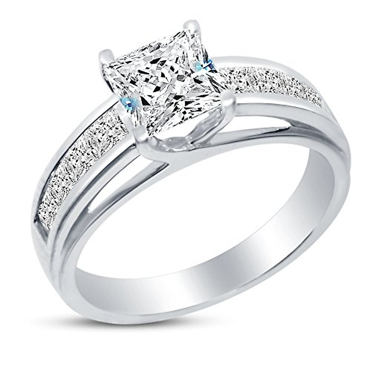 Size - 9.5 - Solid 14k White Gold Princess Cut Solitaire Engagement Ring CZ Cubic Zirconia (2.0cttw., 1.0ct. Center)