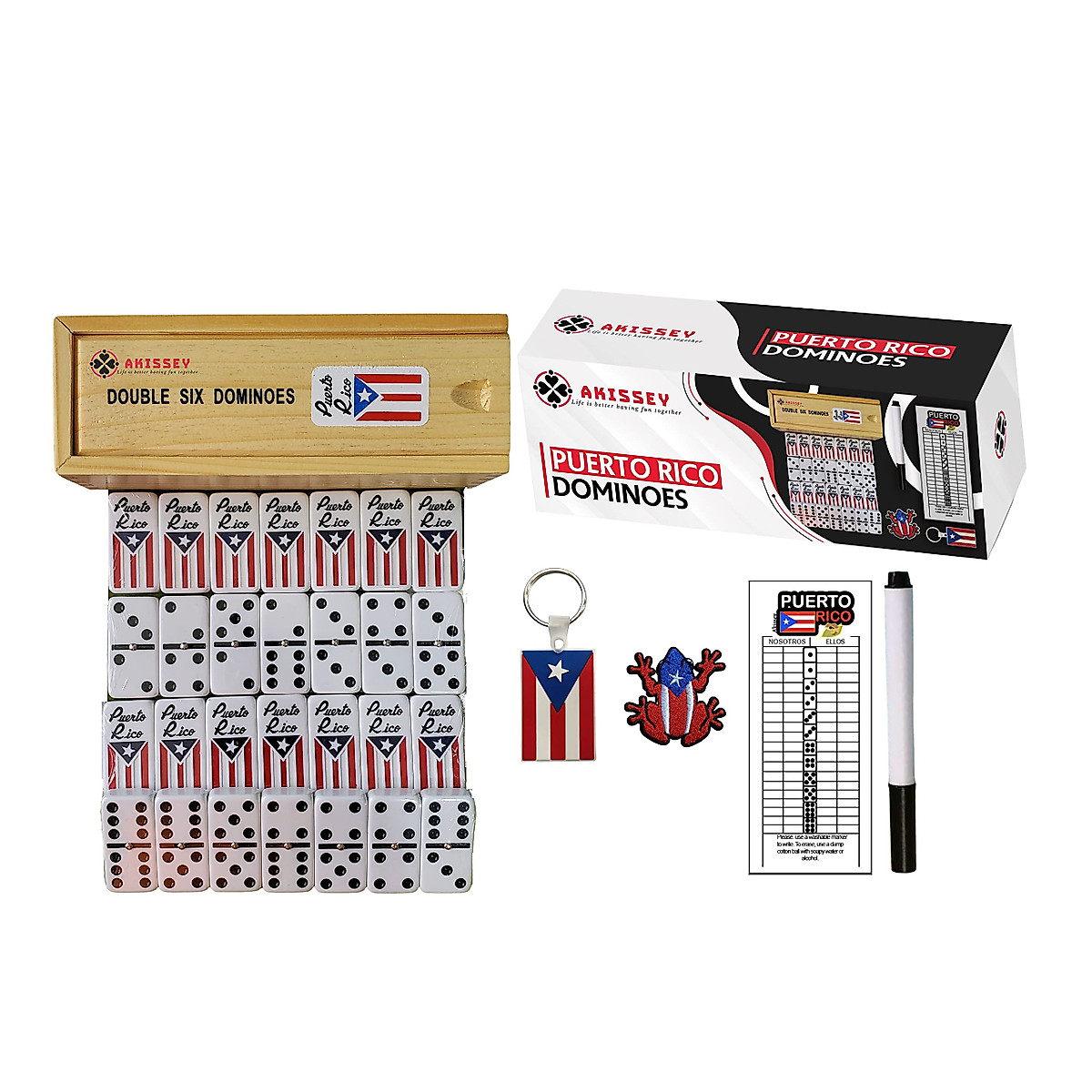Puerto Rico Dominoes, Puerto Rican Dominoes with Flag Engraved, Puerto Rico Dominos with a Scorecard, Coqui Patch and Boricua Pride Keyfob