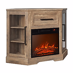 BELLEZE 43" Corner TV Stand with 18" Electric Fireplace Heater for TVs up to 43", Modern Corner Wood Entertainment Center with Glass Door Storage Cabinets - Dale (Rustic Oak)