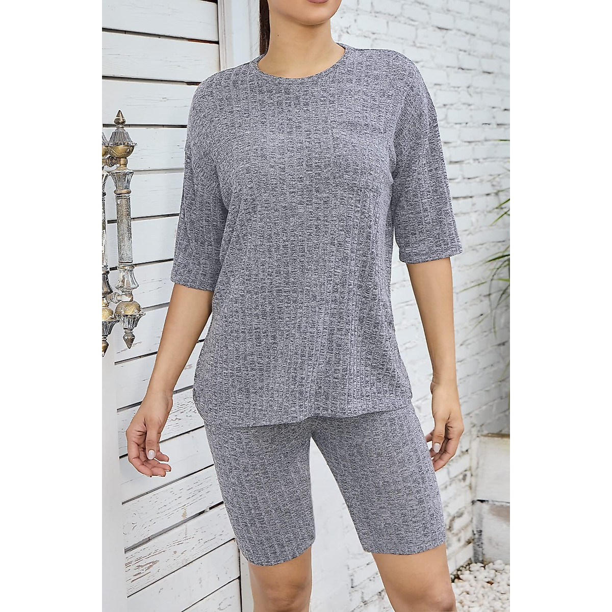 Pj Short Set Women's Pajama Sets Loose Casual Ribbed Knit Matching Outfits T-shirt Biker Shorts Sleepwear Loungewear Sweatsuits Light Blue