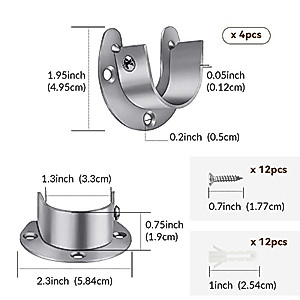 4 Packs Stainless Steel Wardrobe Bracket U-Shaped Rod Socket Flange 1-1/4" Diameter Heavy Duty Closet Rod Brackets End Supports for Closet Rod with Screws (Silver)