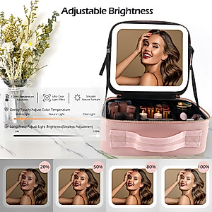 MOMIRA Makeup Train Case with Light & Mirror Large Cosmetic Organizer with Adjustable Dividers for Cosmetics,10X Magnifying Makeup Mirror,Pink