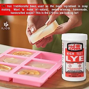 Ilios Boyer Lye - Pure Red Crown High Test Lye for DIY Soapmaking, House Cleaning Supplies - Soap Base, Paint Remover, Drain Cleaner - Non-Food Grade - Soap Making Kit with 2 2Lb Bottles, 1 Soap Mold