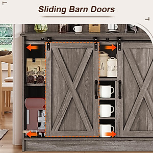 4 EVER WINNER Farmhouse Coffee Bar Cabinet with 9 Racks, Sideboard Buffet Cabinet for Liquor with 6 Hooks & Adjustable Shelves, Large Wine Bar Cabinet for Kitchen Dining Room, Wash Grey